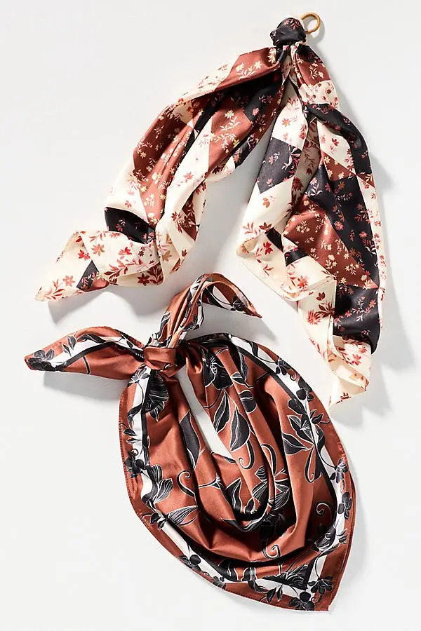 Anthropologie Prted Hair Scarves, Set Of 2 - Cottage Floral/brown Floral
