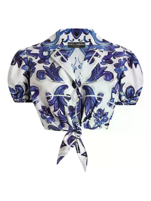 Dolce & Gabbana Majolica Print Puff Sleeve Cropped Top