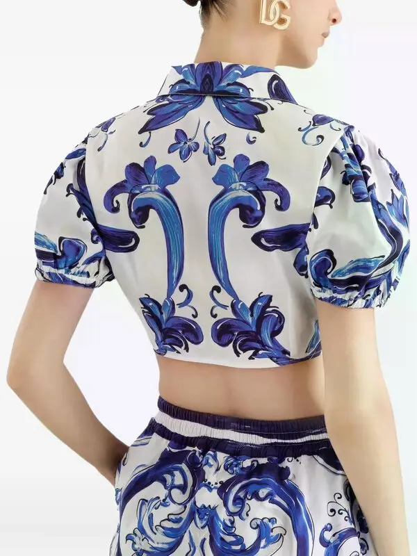 Dolce & Gabbana Majolica Print Puff Sleeve Cropped Top