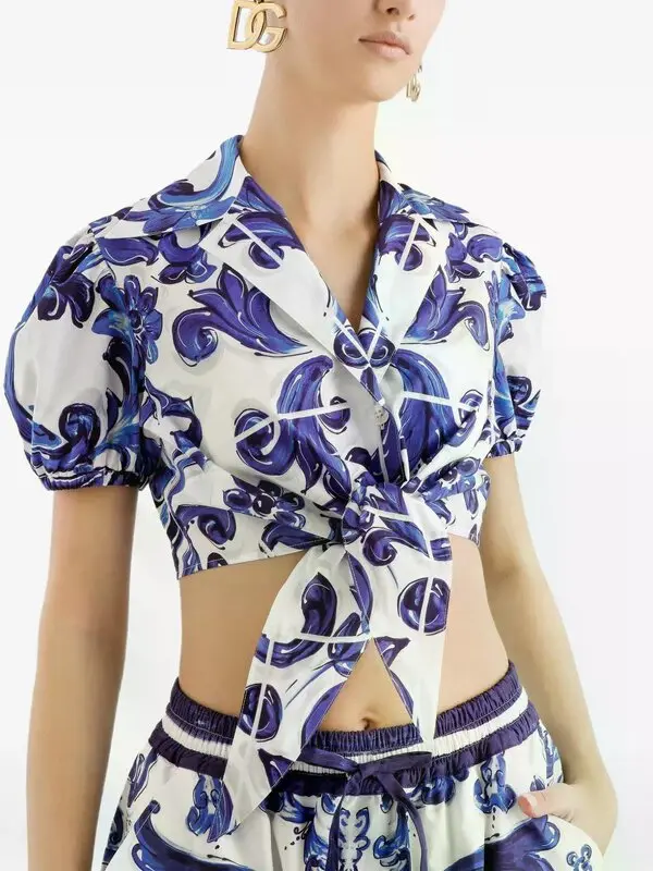 Dolce & Gabbana Majolica Print Puff Sleeve Cropped Top