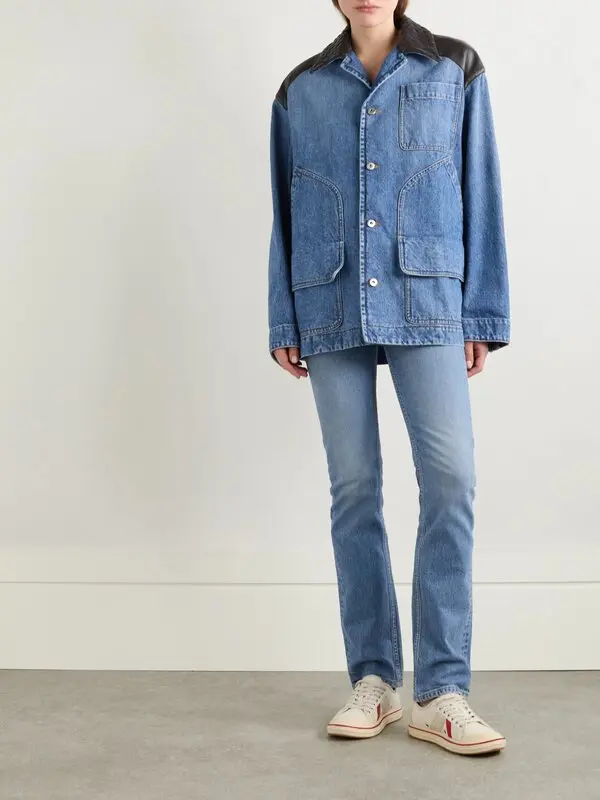 Bottega Veneta Intrecciato Leather-trimmed Denim Jacket - Blue