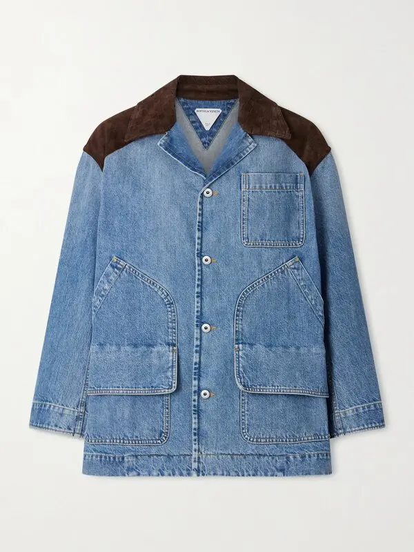Bottega Veneta Intrecciato Leather-trimmed Denim Jacket - Blue