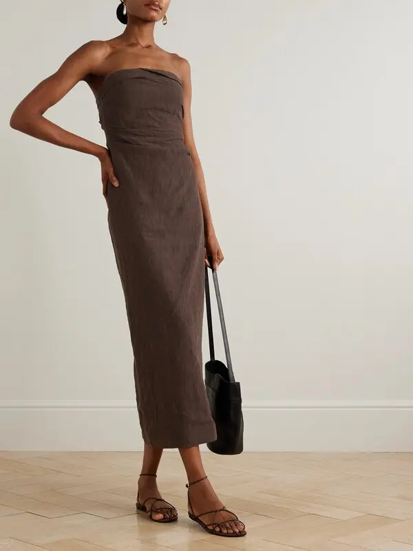 Tove Sabella Strapless Linen Midi Dress - Brown