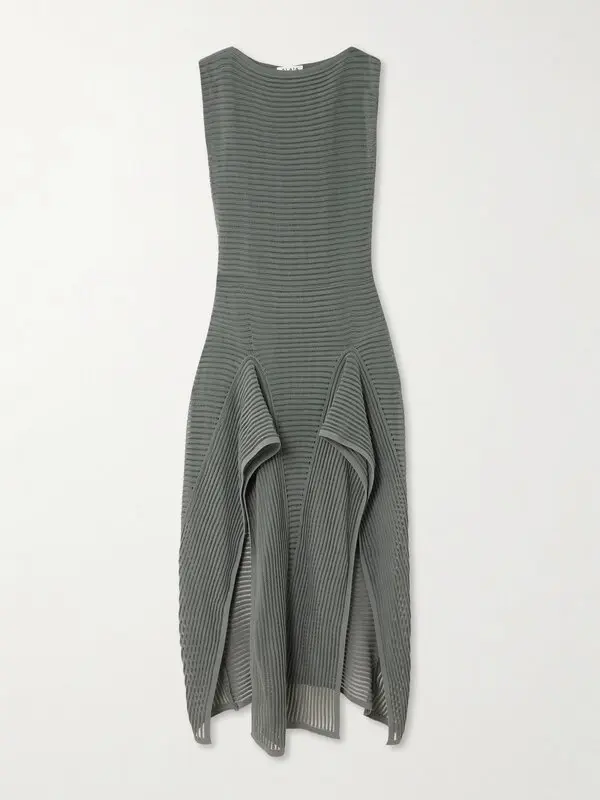 Alaïa Ruffled Open-knit Cotton-blend Midi Dress - Gray