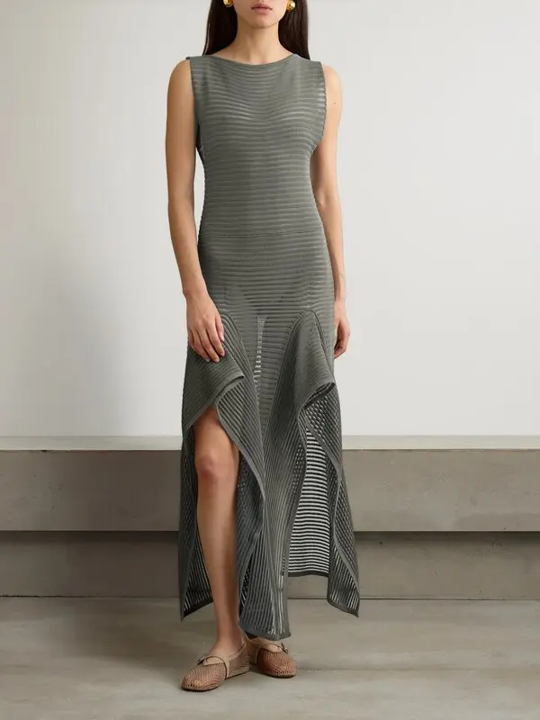 Alaïa Ruffled Open-knit Cotton-blend Midi Dress - Gray