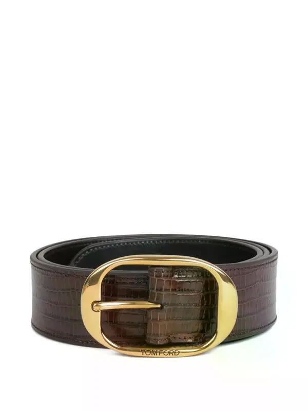 TOM FORD Embossed Leather Belt With Oval Buckle - Brown