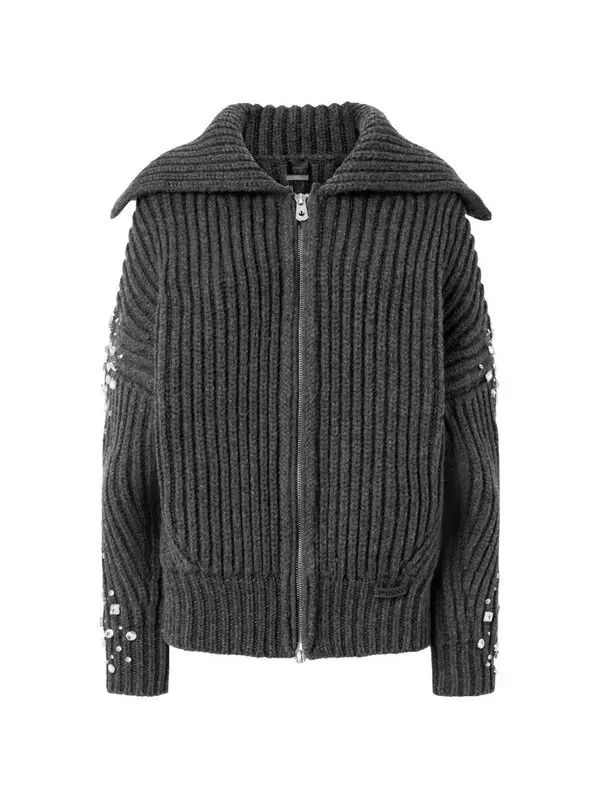 Pinko Crystal-embellished Ribbed Cardigan - Grey