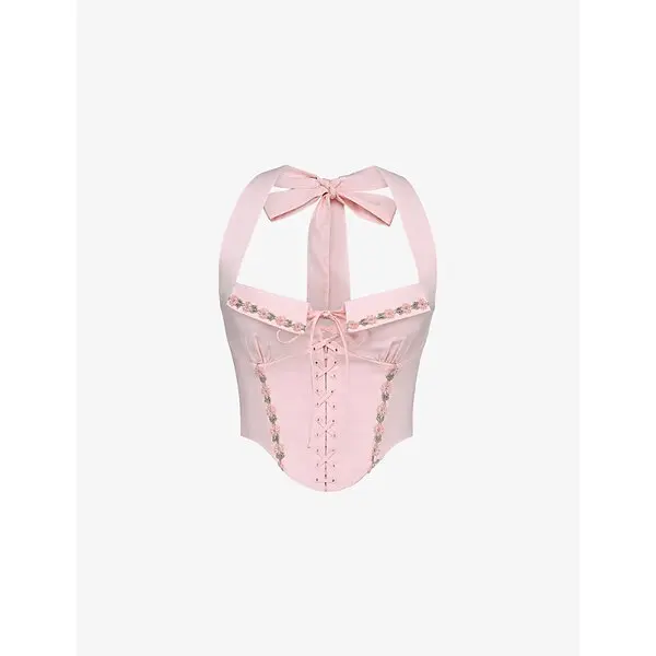 House Of Cb Floral-embroidered Corset Top - Pink