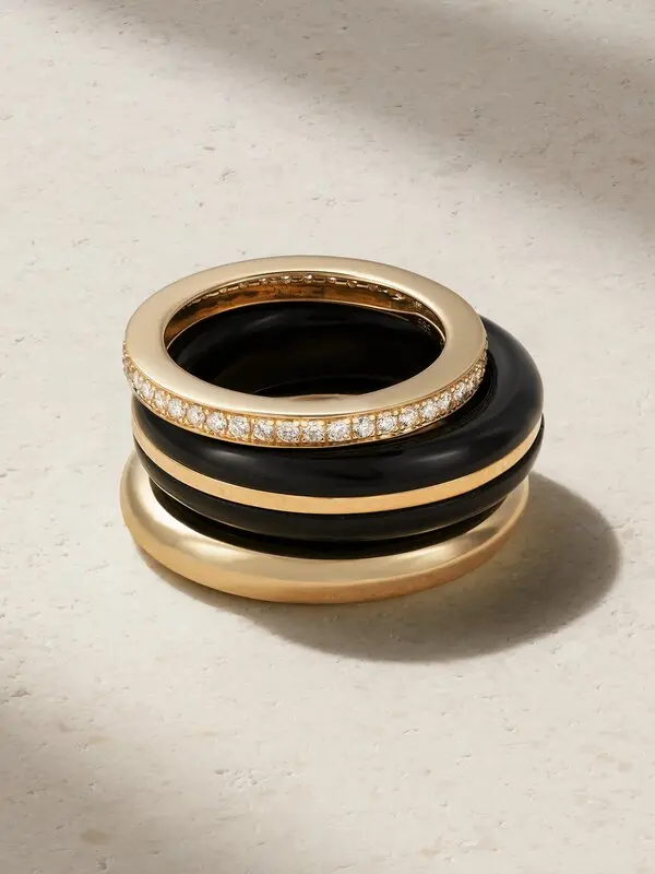 BY PARIAH 14-karat Gold, Onyx, And Diamond Ring Set - Black