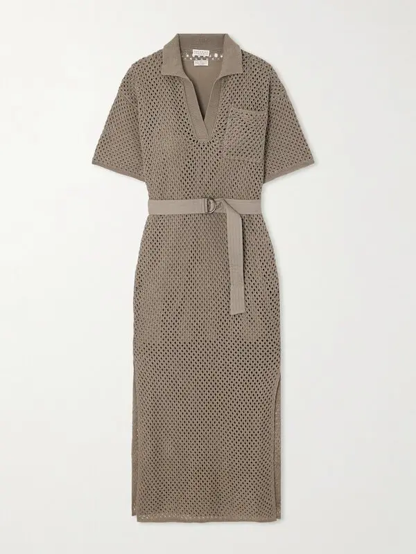 Brunello Cucinelli Belted Open-knit Cotton Midi Dress