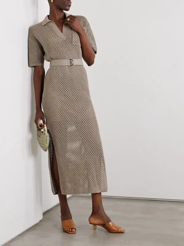 Brunello Cucinelli Belted Open-knit Cotton Midi Dress