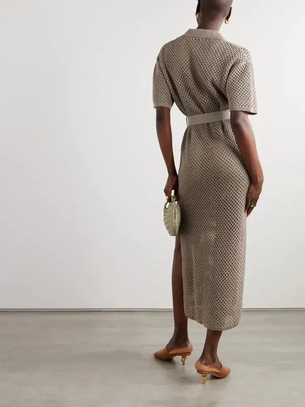 Brunello Cucinelli Belted Open-knit Cotton Midi Dress