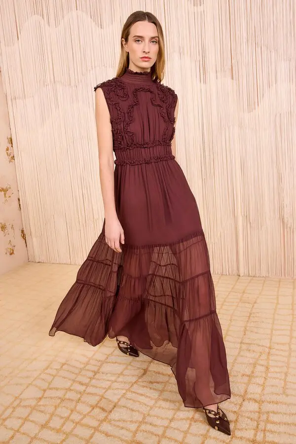 Ulla Johnson Silk Smocked Gown - Mahogany