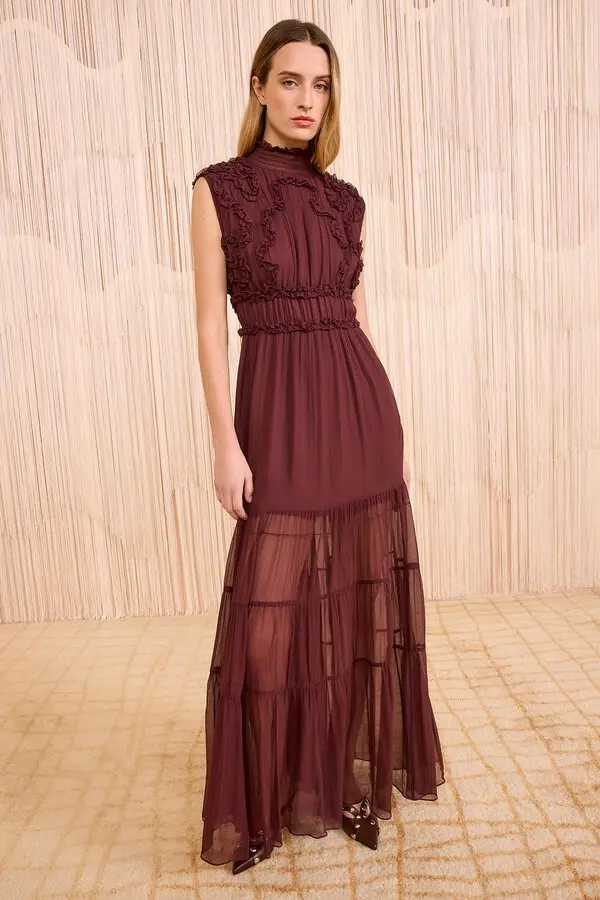 Ulla Johnson Silk Smocked Gown - Mahogany