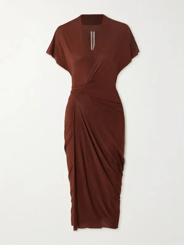 Rick Owens Asymmetric Gathered Wrap-effect Jersey Midi Dress