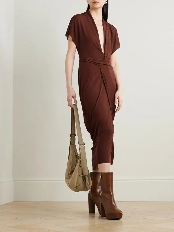 Rick Owens Asymmetric Gathered Wrap-effect Jersey Midi Dress