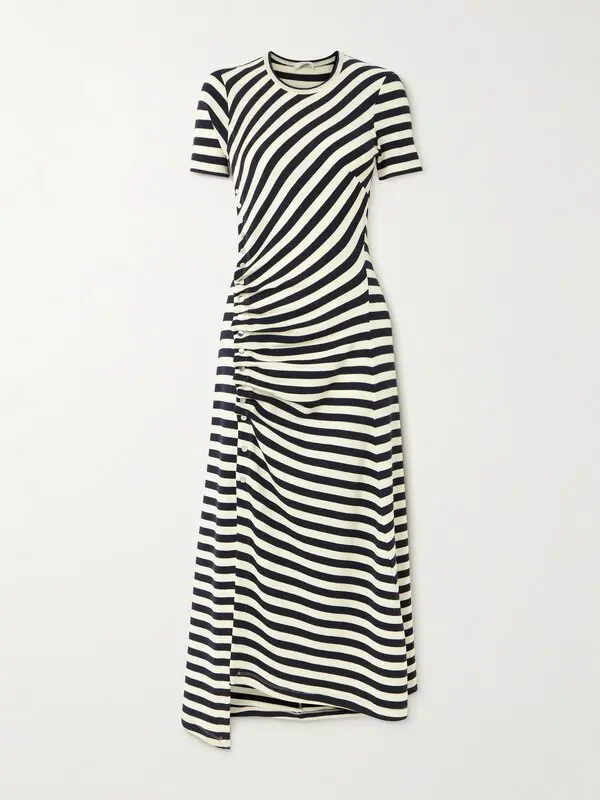 Rabanne Gathered Embellished Striped Midi Dress