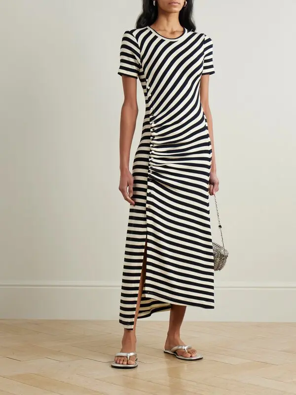 Rabanne Gathered Embellished Striped Midi Dress