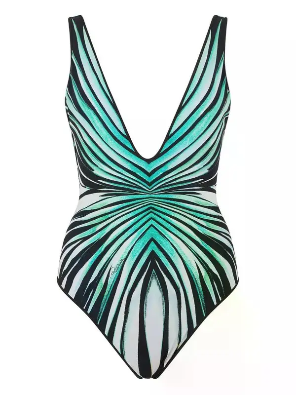 Roberto Cavalli Plunge Neck Ray Of Sea Print Swimsuit - Blue
