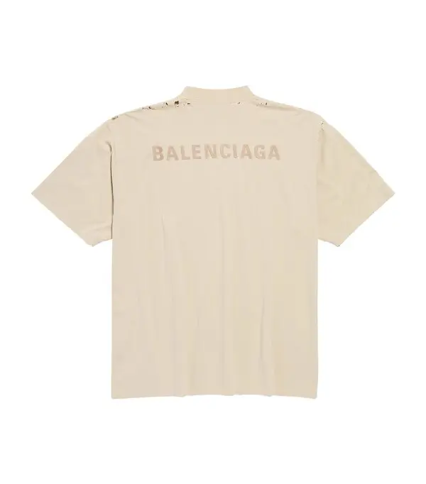 Balenciaga Cotton Distressed Logo T-shirt - Beige