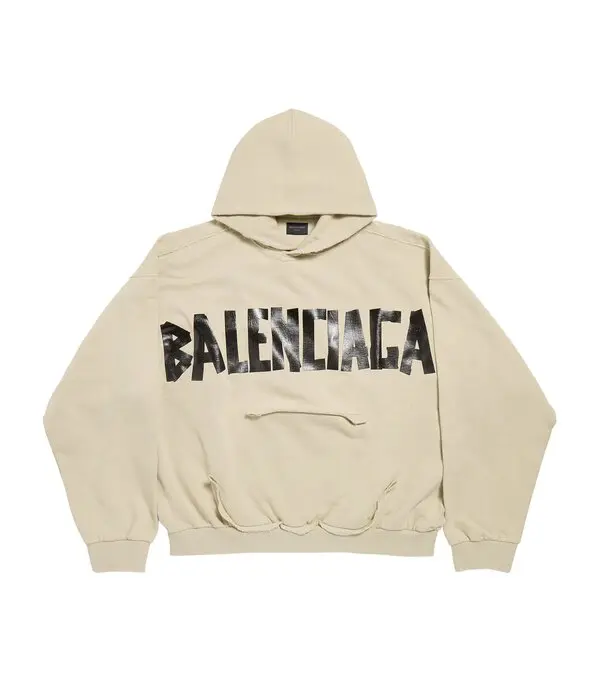 Balenciaga Cotton Distressed Tape Logo Hoodie - Beige