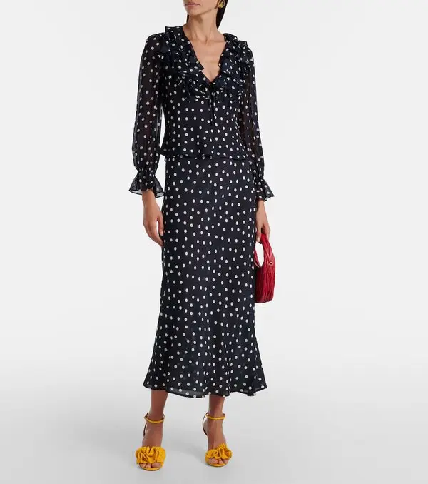 Rixo Ardith Polka-dot Silk Midi Skirt