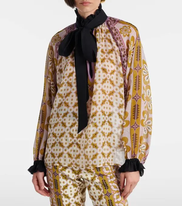 La DoubleJ Cerere Printed Tie-neck Silk Blouse