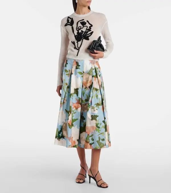 Erdem Floral Pleated Cotton Midi Skirt - Blue