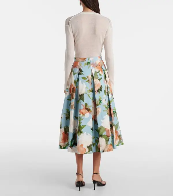 Erdem Floral Pleated Cotton Midi Skirt - Blue