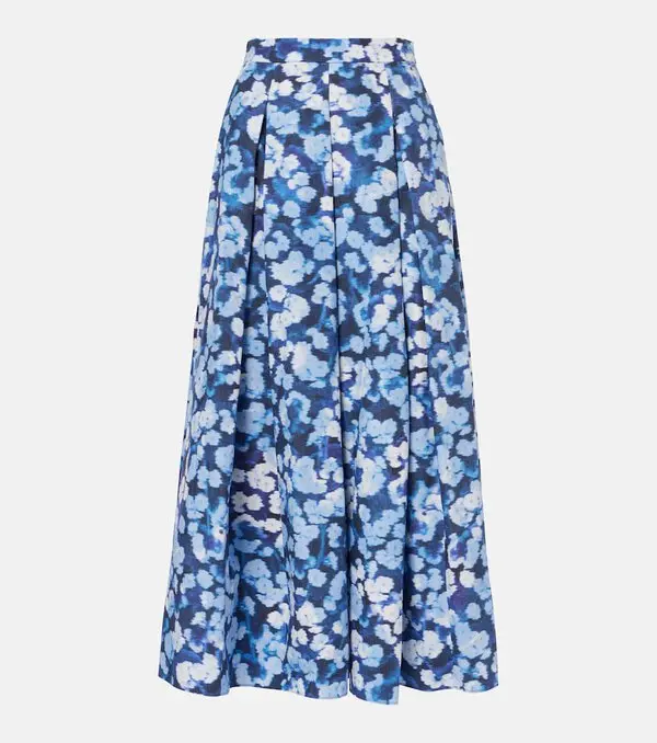 Erdem Floral Pleated Cotton Midi Skirt - Blue