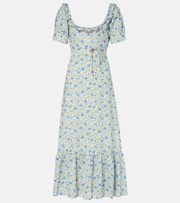 Rixo Sorana Floral Ruffled Cotton Midi Dress - Blue