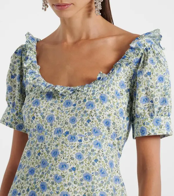 Rixo Sorana Floral Ruffled Cotton Midi Dress - Blue