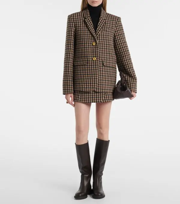 GANNI Checked Wool Wrap Skirt - Brown