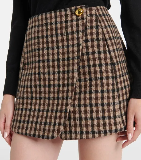 GANNI Checked Wool Wrap Skirt - Brown