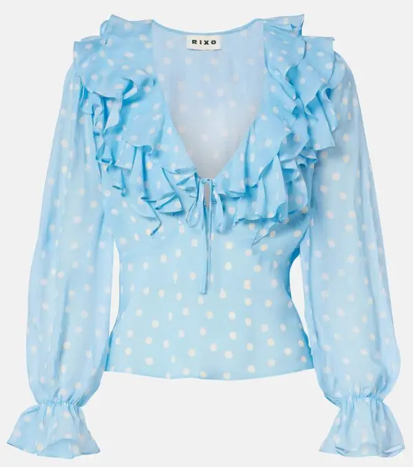 Rixo Lasca Polka-dot Silk Top - Blue