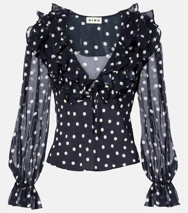 Rixo Lasca Polka-dot Silk Top