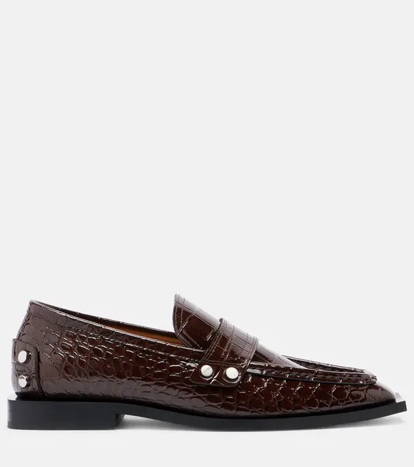 GANNI Studs Croc-effect Loafers - Brown