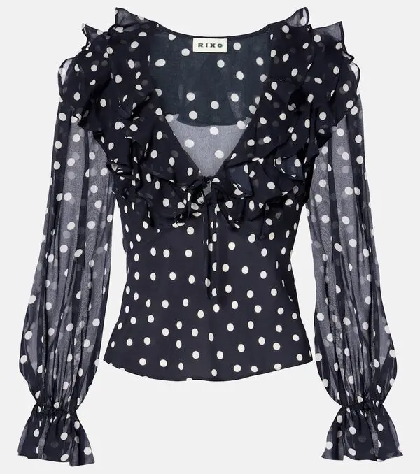 Rixo Lasca Polka-dot Silk Top - Blue
