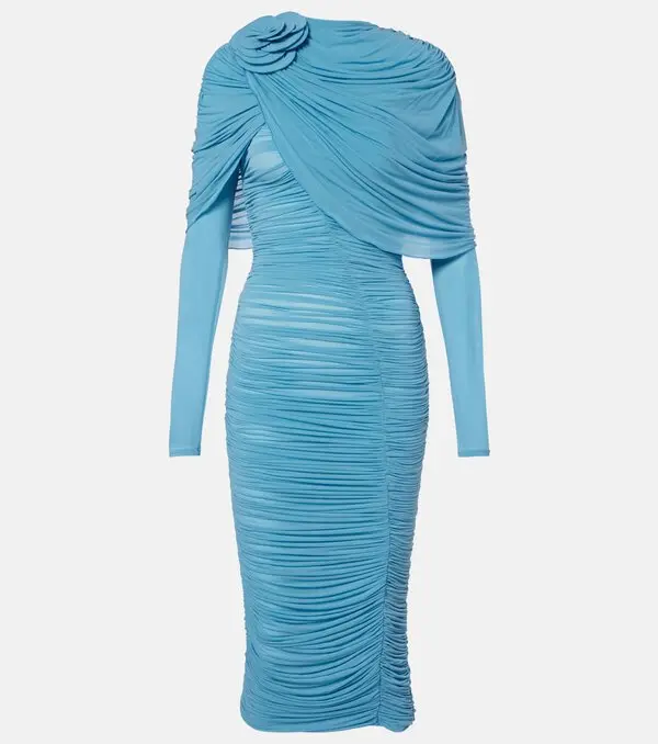 Magda Butrym Floral-appliqué Ruched Caped Midi Dress - Blue