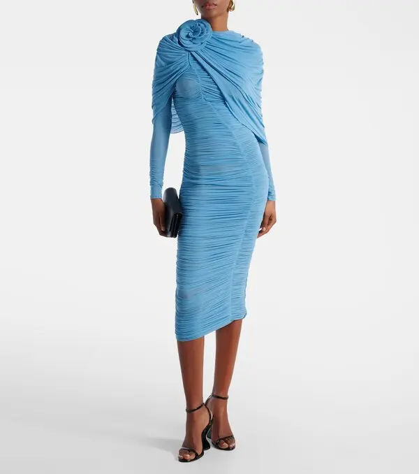 Magda Butrym Floral-appliqué Ruched Caped Midi Dress - Blue