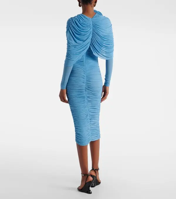 Magda Butrym Floral-appliqué Ruched Caped Midi Dress - Blue