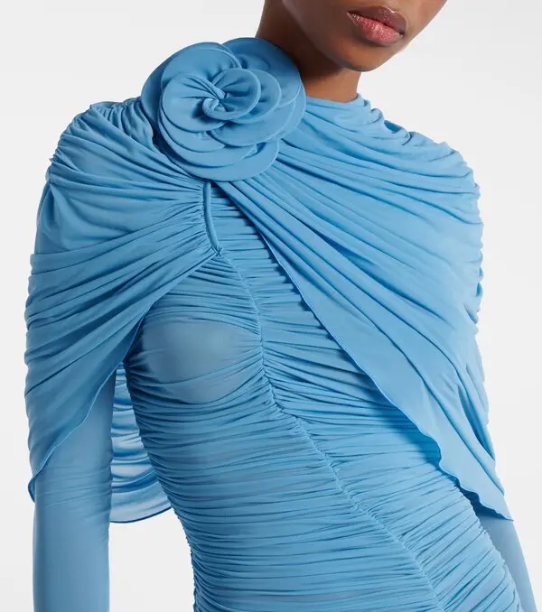 Magda Butrym Floral-appliqué Ruched Caped Midi Dress - Blue