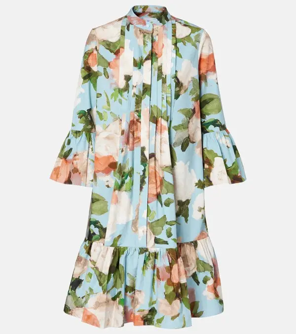 Erdem Floral Gathered Cotton Poplin Minidress - Blue