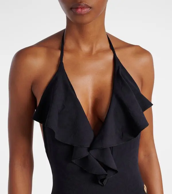 Balmain Frilled Halterneck One Piece Swimsuit - Black