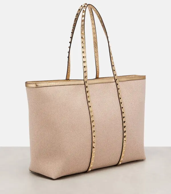 Valentino Garavani Rockstud Large Leather And Canvas Tote Bag