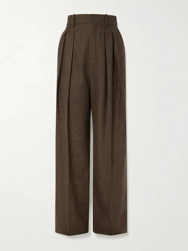 Saint Laurent Pleated Herringbone Wool Wide-leg Pants