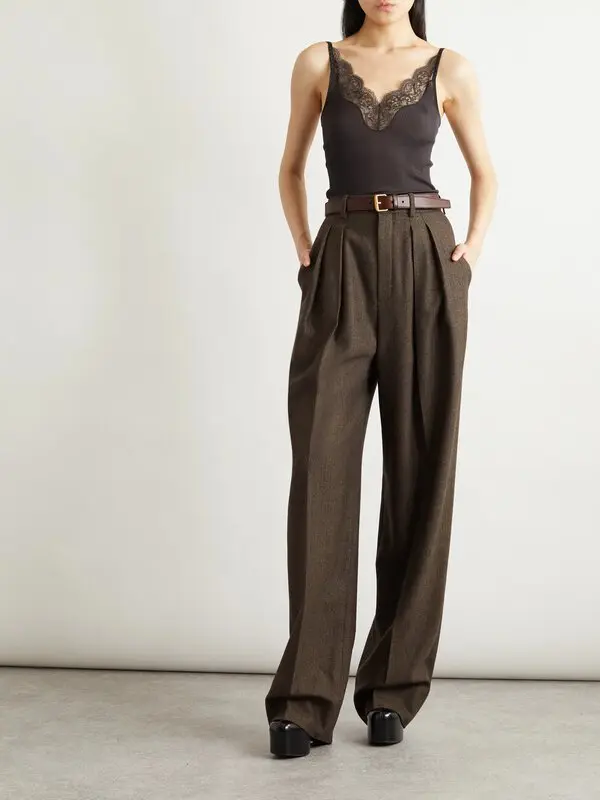 Saint Laurent Pleated Herringbone Wool Wide-leg Pants