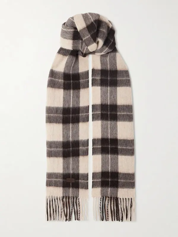 Saint Laurent Fringed Checked Llama And Wool-blend Scarf - Brown