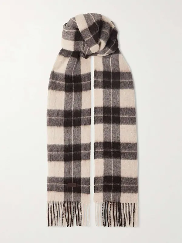 Saint Laurent Fringed Checked Llama And Wool-blend Scarf - Dark Brown
