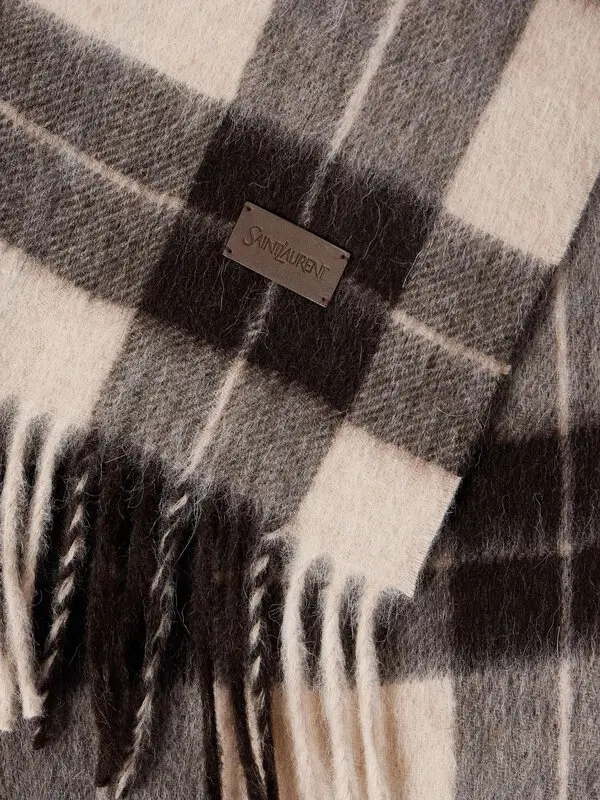 Saint Laurent Fringed Checked Llama And Wool-blend Scarf - Dark Brown